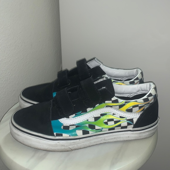 Vans | Shoes | Vans Old Skool Blue Green Checkerboard Flames Black ...